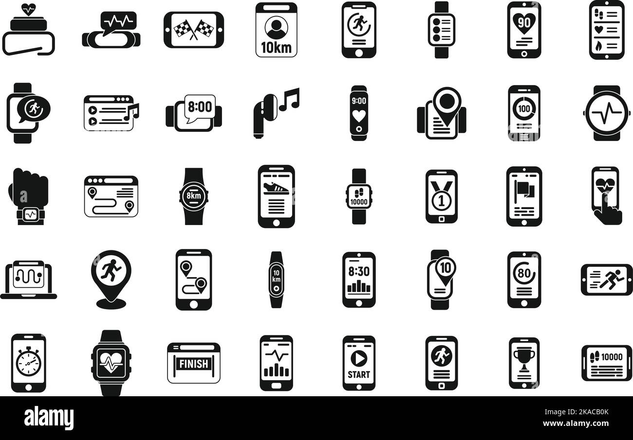Runner app icons set simple vector. Body activity. Heart data Stock ...