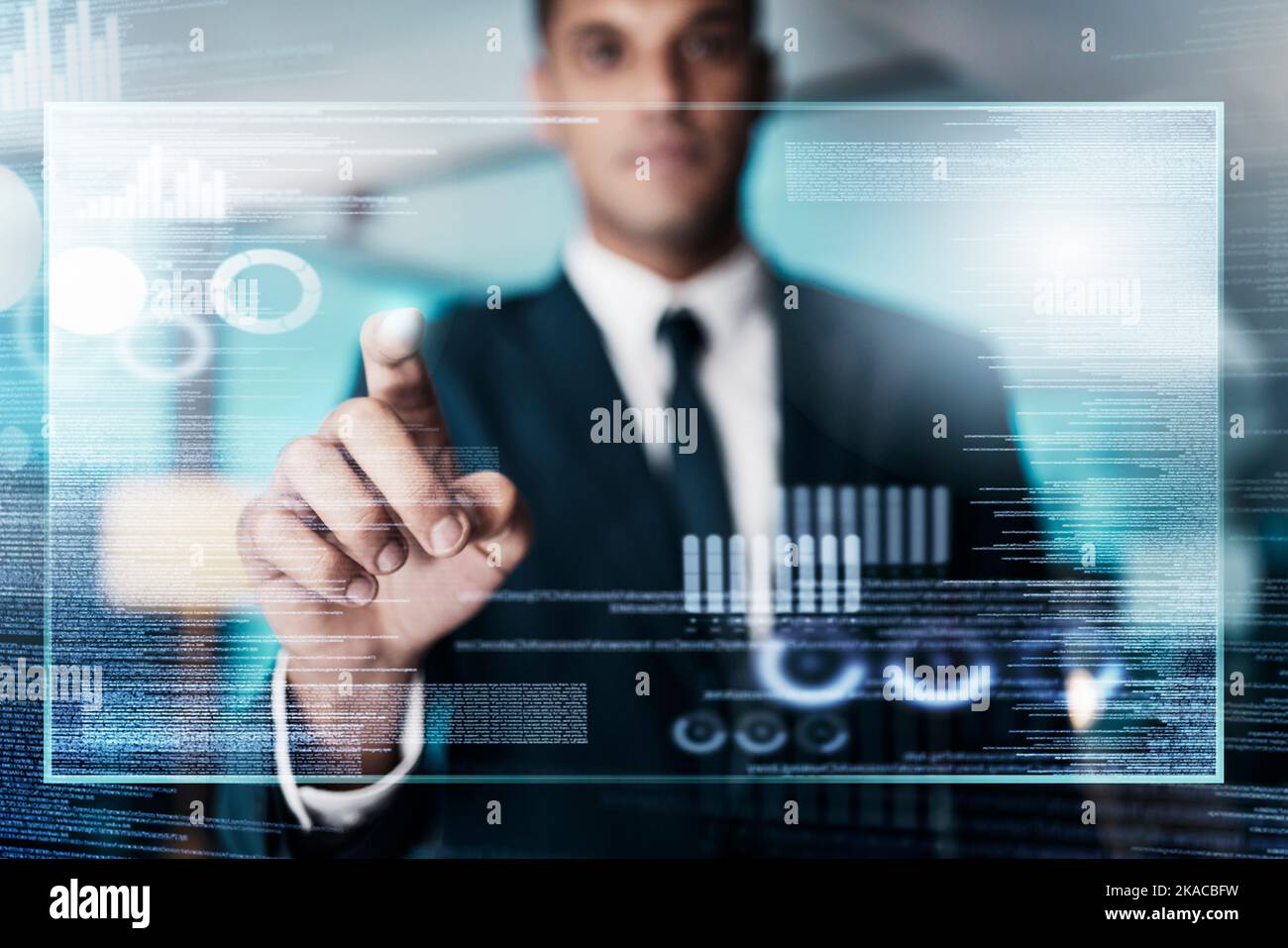 Futuristic hologram, businessman and fintech employee working on ...