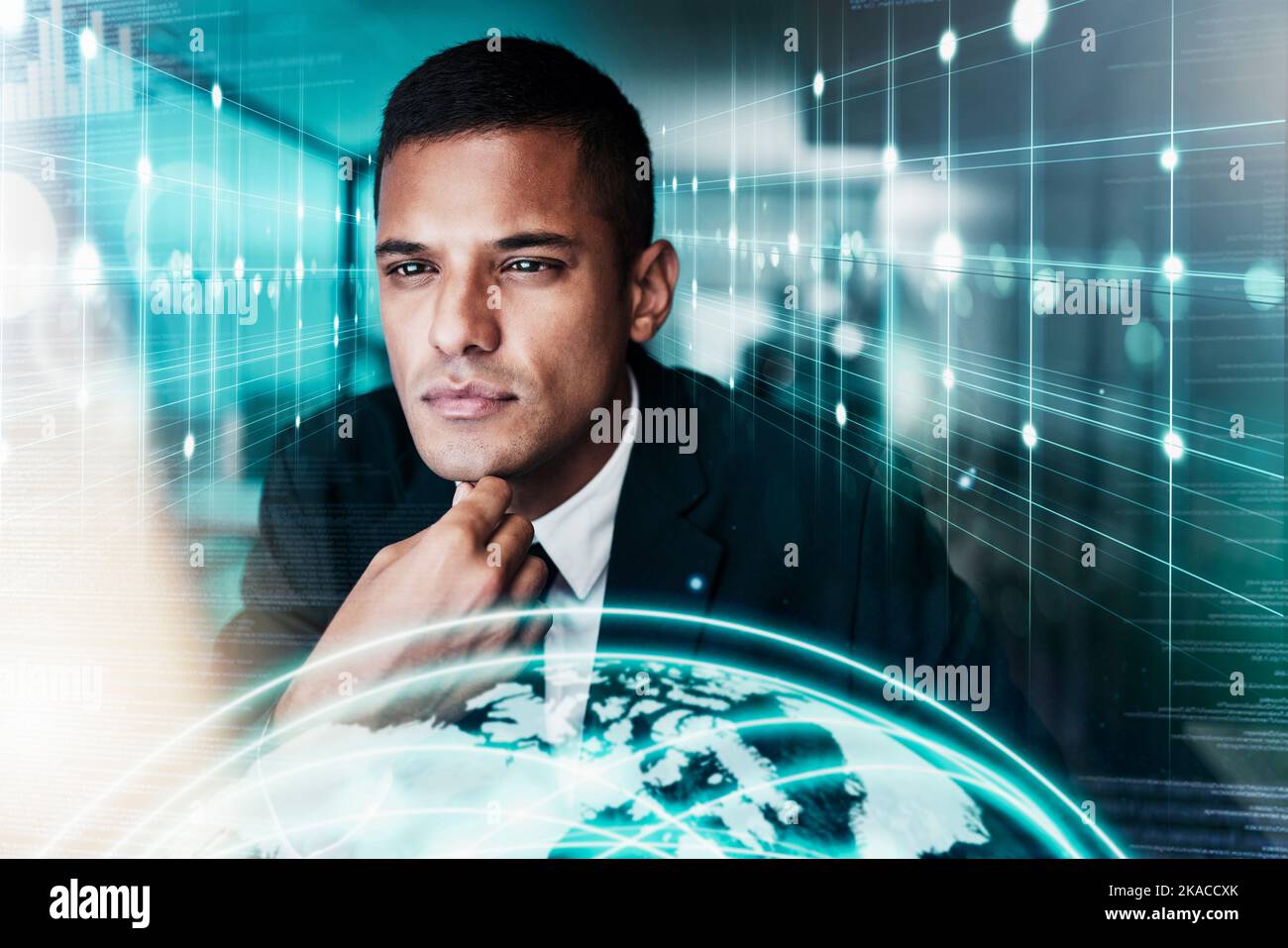Hologram, world and thinking with a business man on a digital overlay ... Hologram, world and thinking with a business man on a digital overlay ...