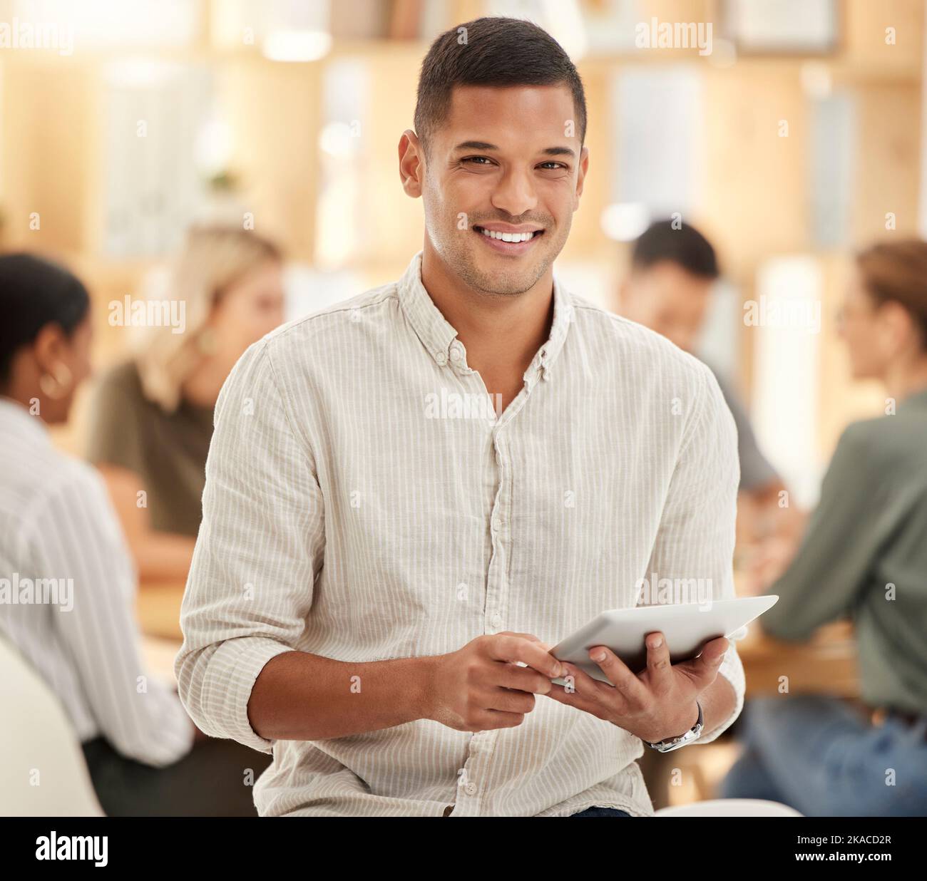 Portrait happy businessman, designer and tablet for internship, digital ...