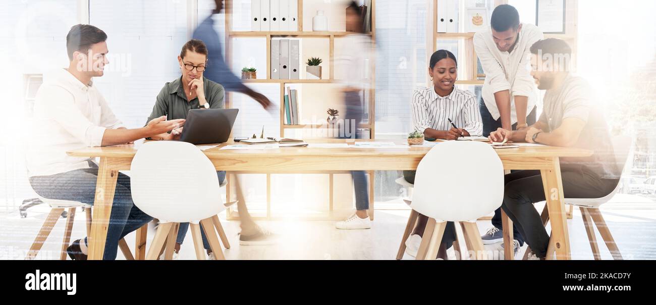 Corporate team, coworking office and collaboration with a fast and busy ...