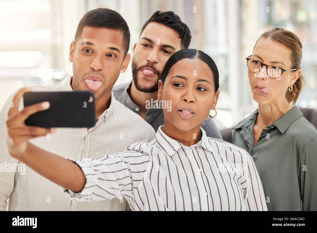 Phone selfie, business people and comic creative workers for social media, contact us and about ...