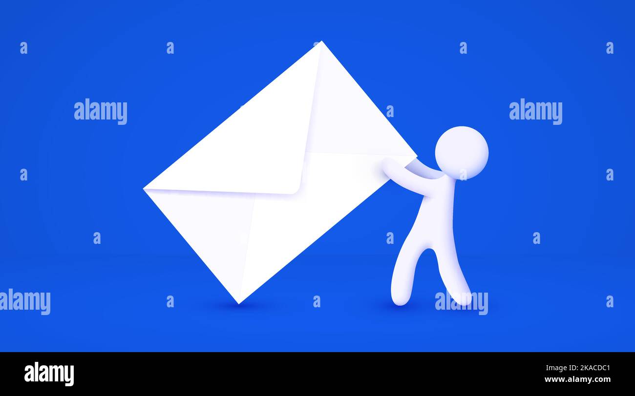 3d white cartoon man holding big envelope. Mailing list concept ...
