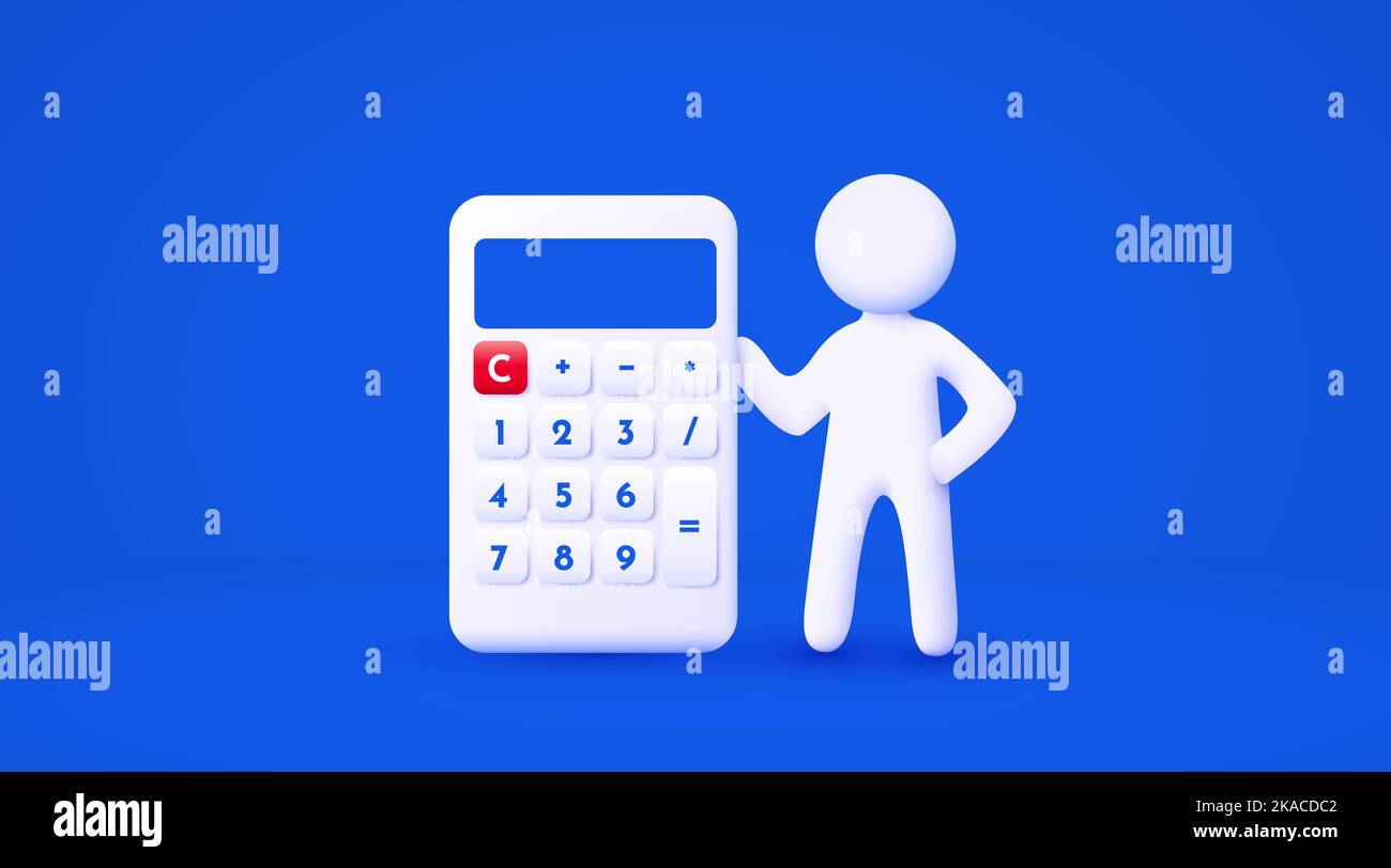 3d white cartoon man holding big calculator. Accounting concept ...