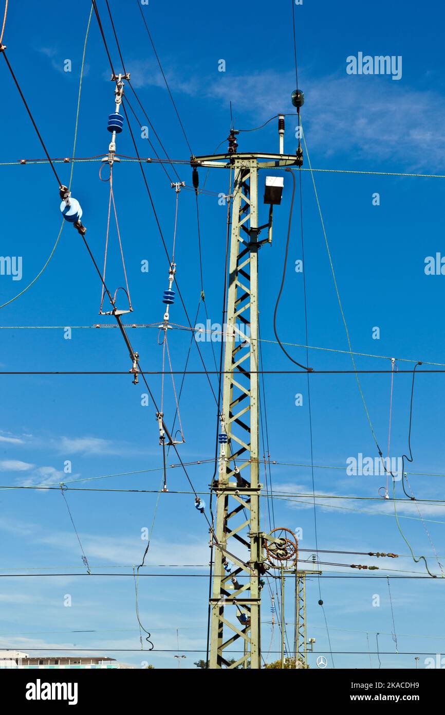 catenary for train with blue sky Stock Photo - Alamy