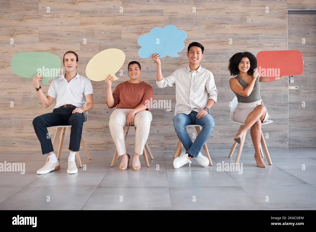 Feedback, speech bubble and idea with communication and business people ...