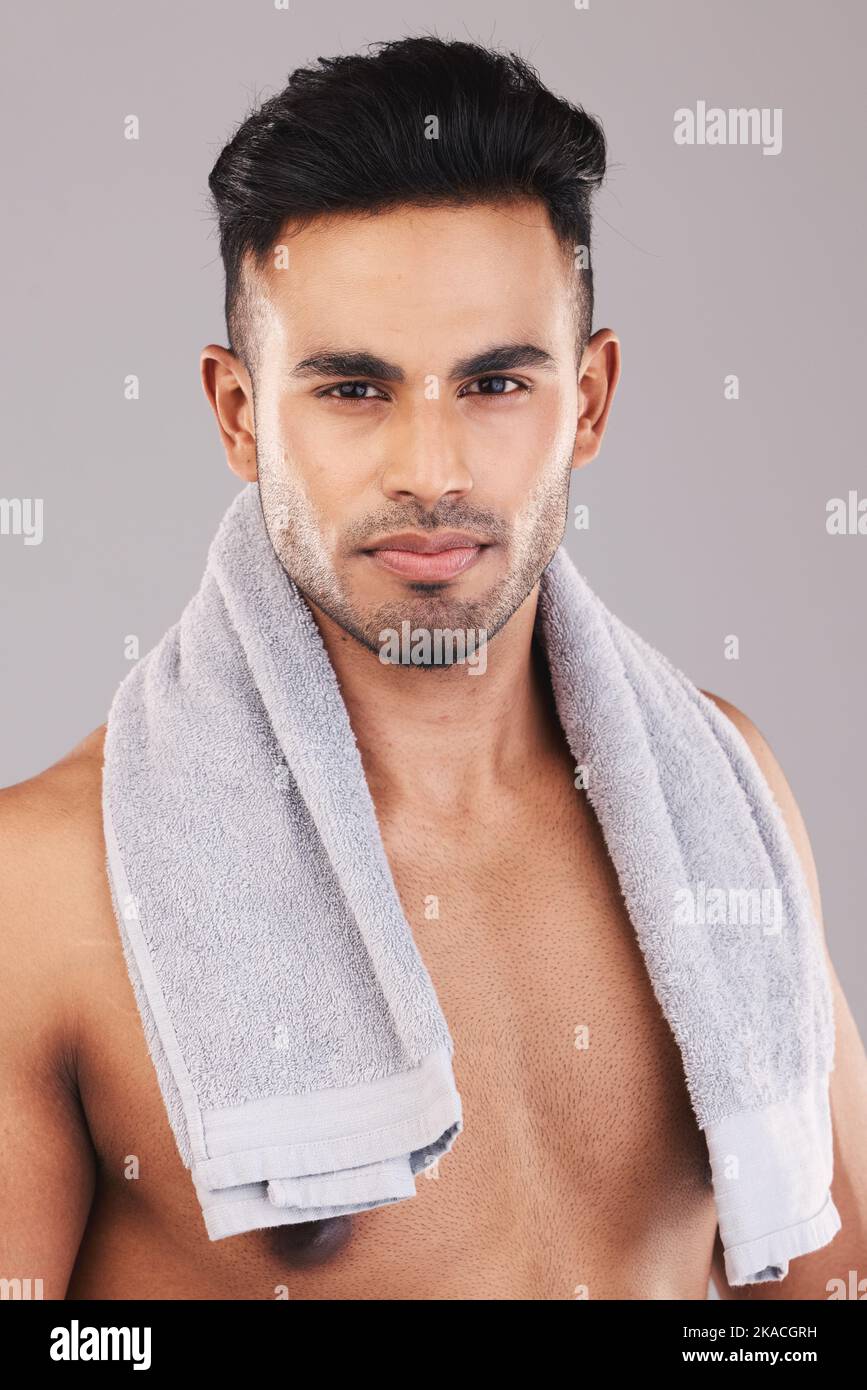 Grooming, clean with towel and hygiene, man in beauty portrait, skin ...