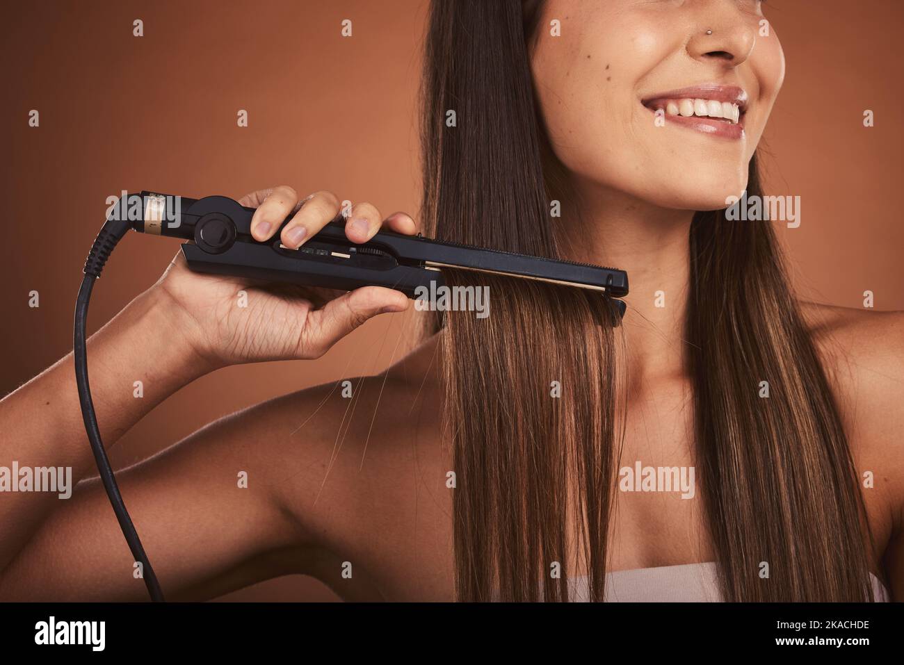 Woman flat iron hair straightener tools, heat and cosmetics hairstyle ...