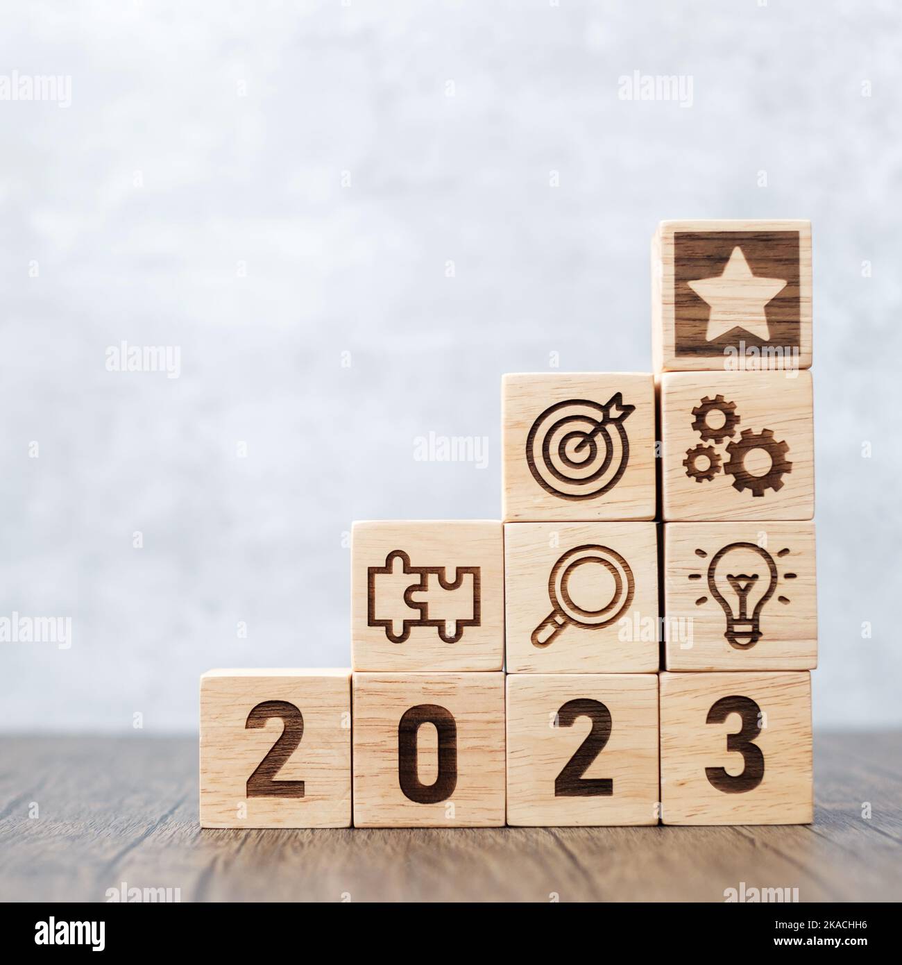 2023 wood block with business success, goal, strategy, target, mission ...