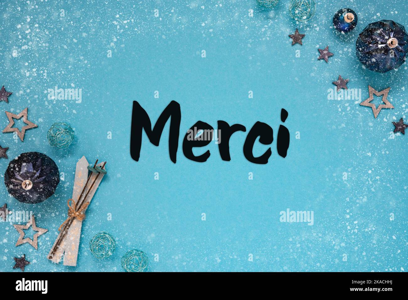 Turquoise Christmas Background, French Text Merci Means Thank You ...