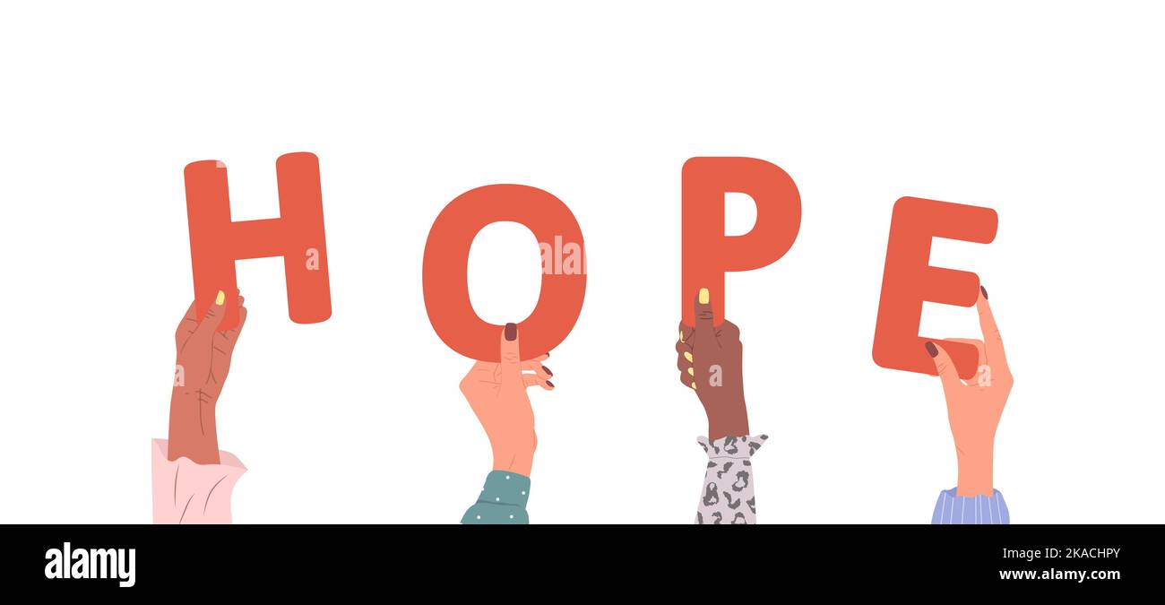 Group of different female hands holding red word Hope. Diverse multi ...