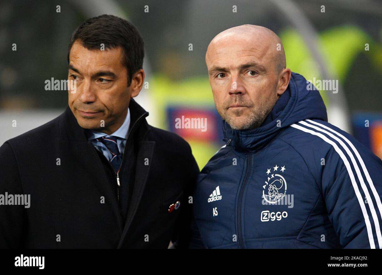 Glasgow, Scotland, 1st November 2022. Rangers Manager Giovanni van Bronckhorst and Ajax manager ...