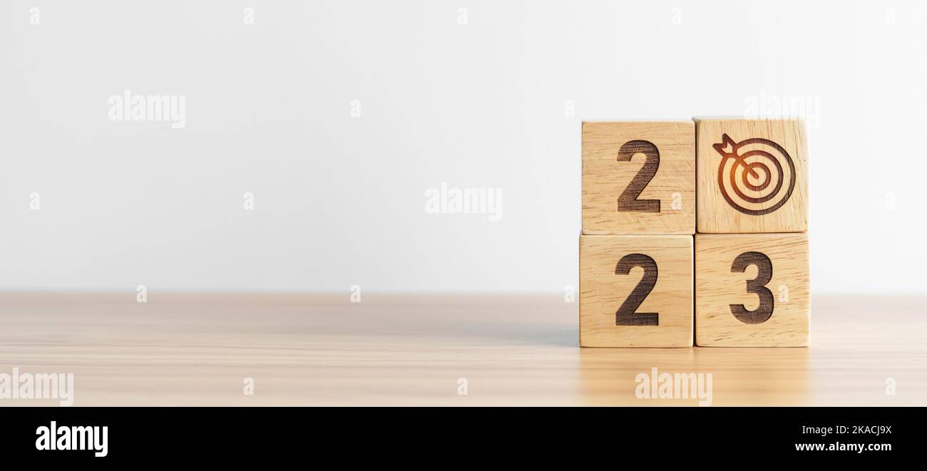 2023 block with dartboard icon. Goal, Target, Resolution, strategy, plan, Action, mission ...