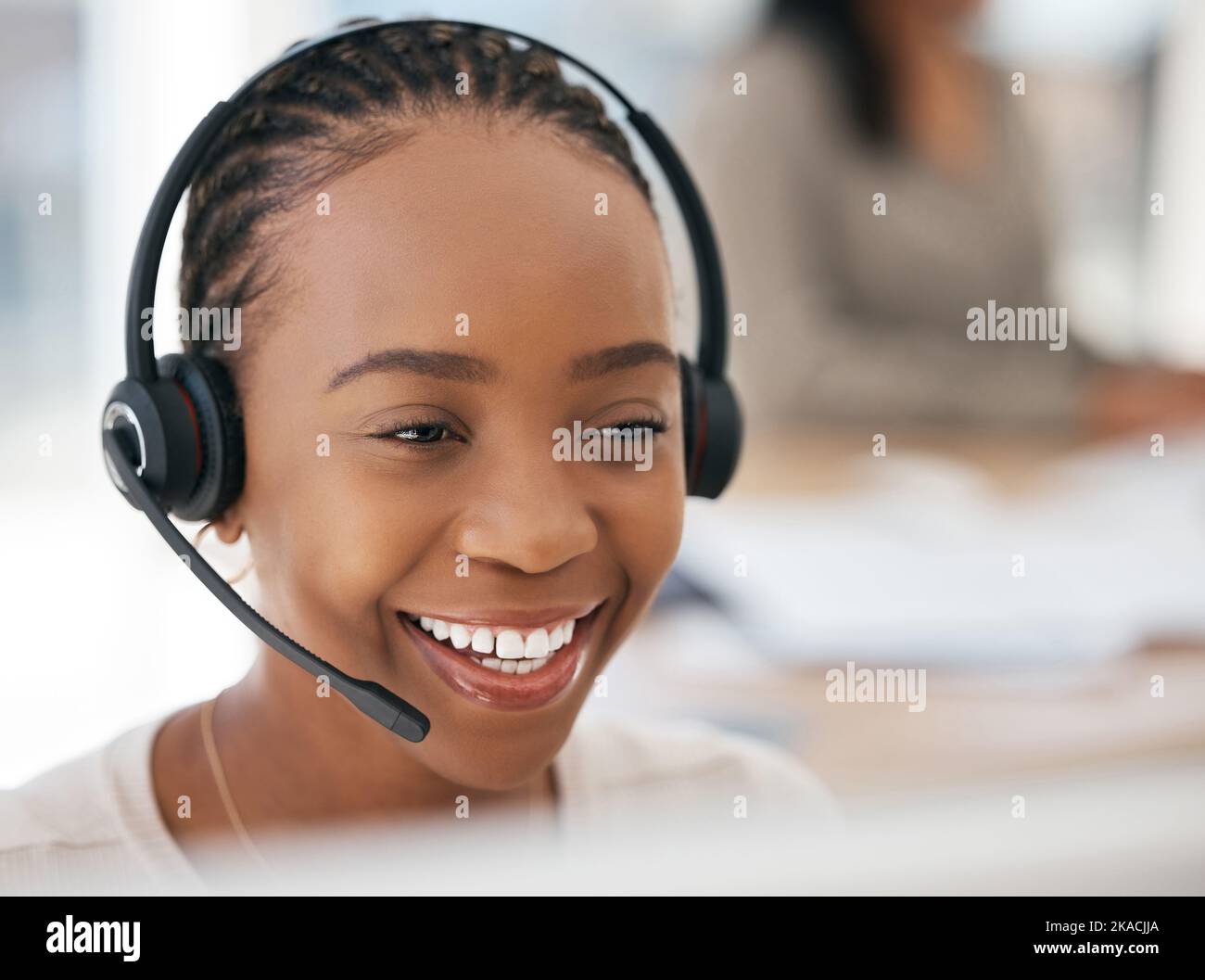 Call center, customer support and face of black woman working, smiling ... Call center, customer support and face of black woman working, smiling ...