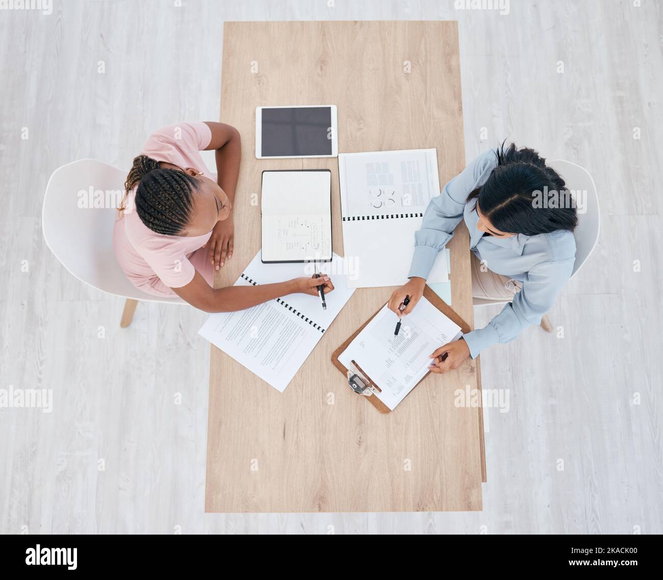 Top view, documents and teamwork of business people in office ...