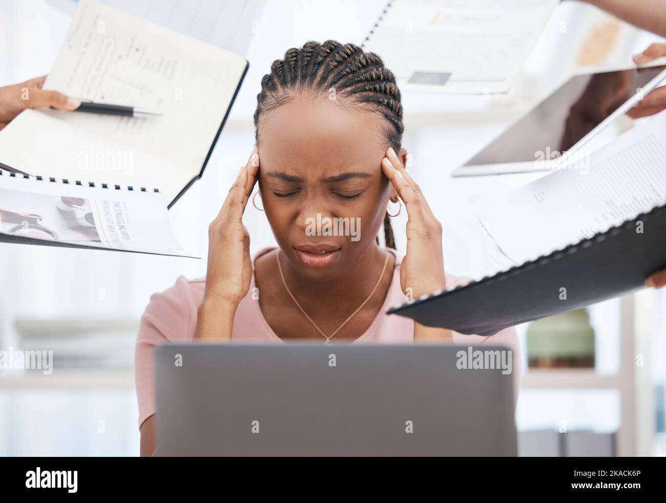 Stress, burnout and overworked employee with documents give her ...