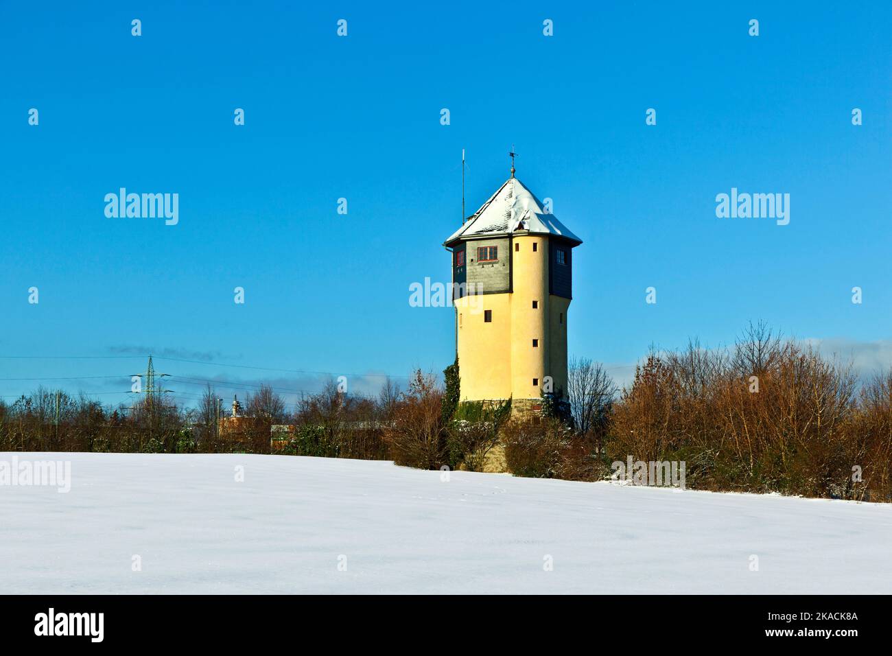 watertower in winter with snow covered fields Stock Photo - Alamy