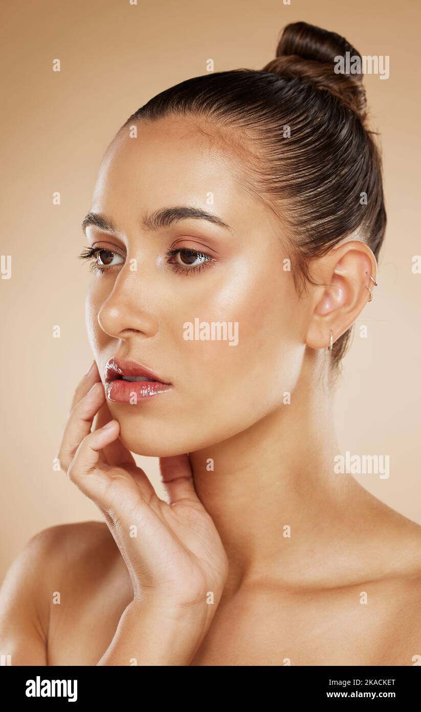 Beauty, natural and makeup girl thinking with healthy, radiant and ...