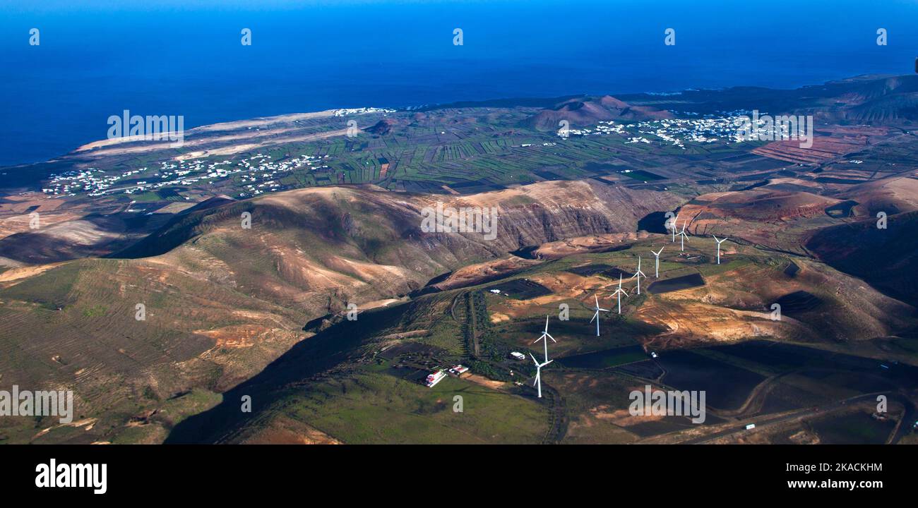 aerial of Lanzarote with wind power plants on volcano Stock Photo - Alamy