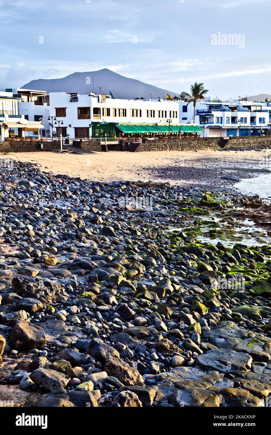 promenade of scenic Playa Blanca with seaside in the morning Stock ...