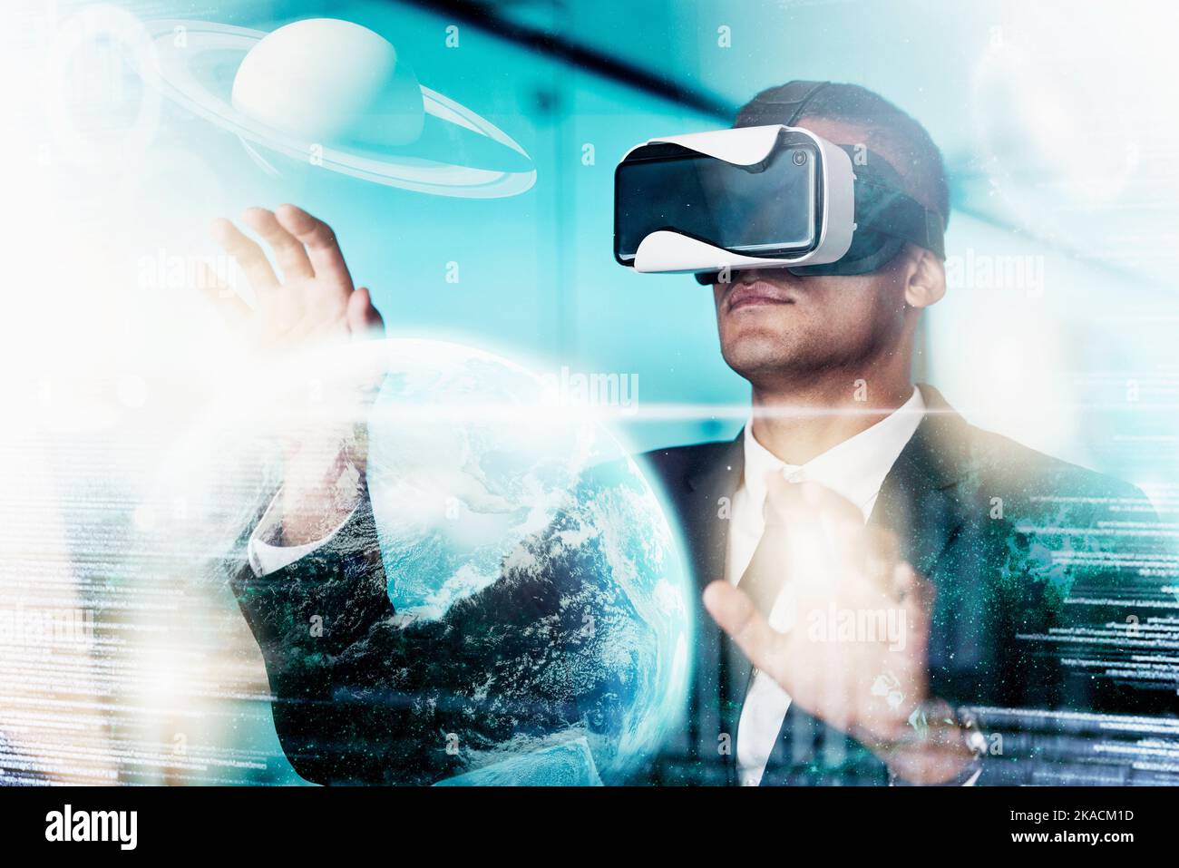 VR, businessman and global media, metaverse or networking data, digital transformation or ...