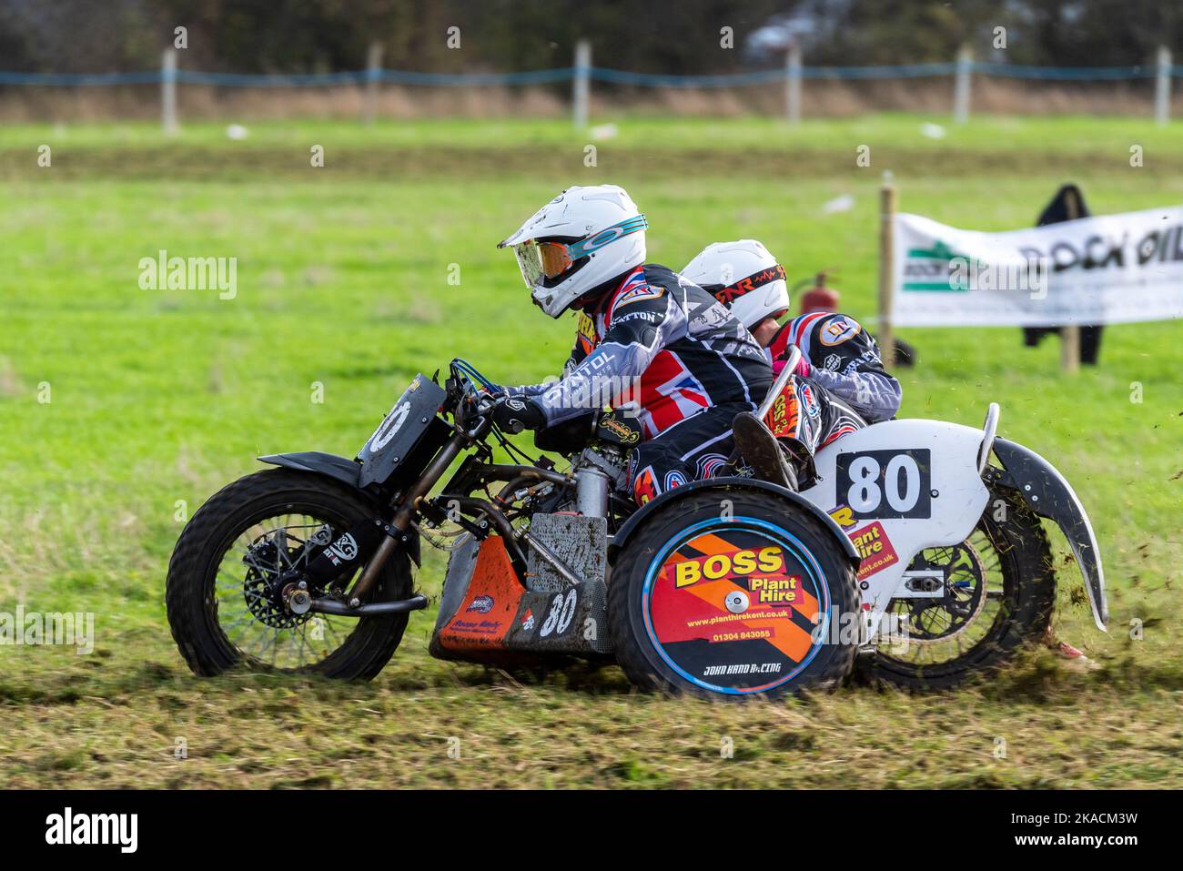 Will Offen & Ricky Pay racing in a grasstrack motorcycle race. Donut ...