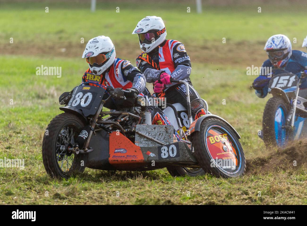 Will Offen & Ricky Pay racing in a grasstrack motorcycle race. Donut ...
