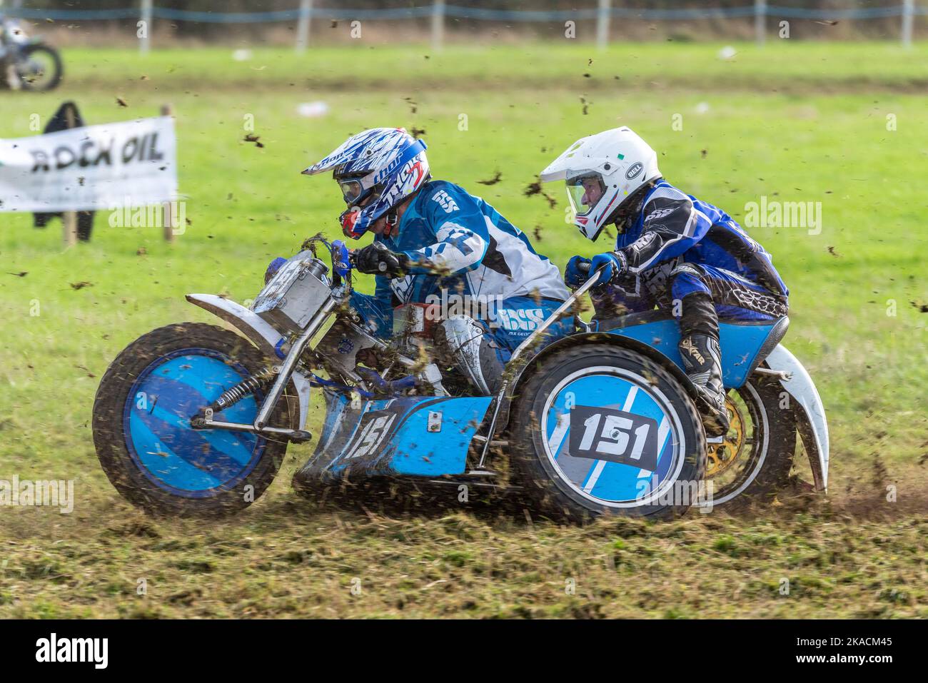 Jeff Measor & Dan Webb racing in a grasstrack motorcycle race. Donut ...