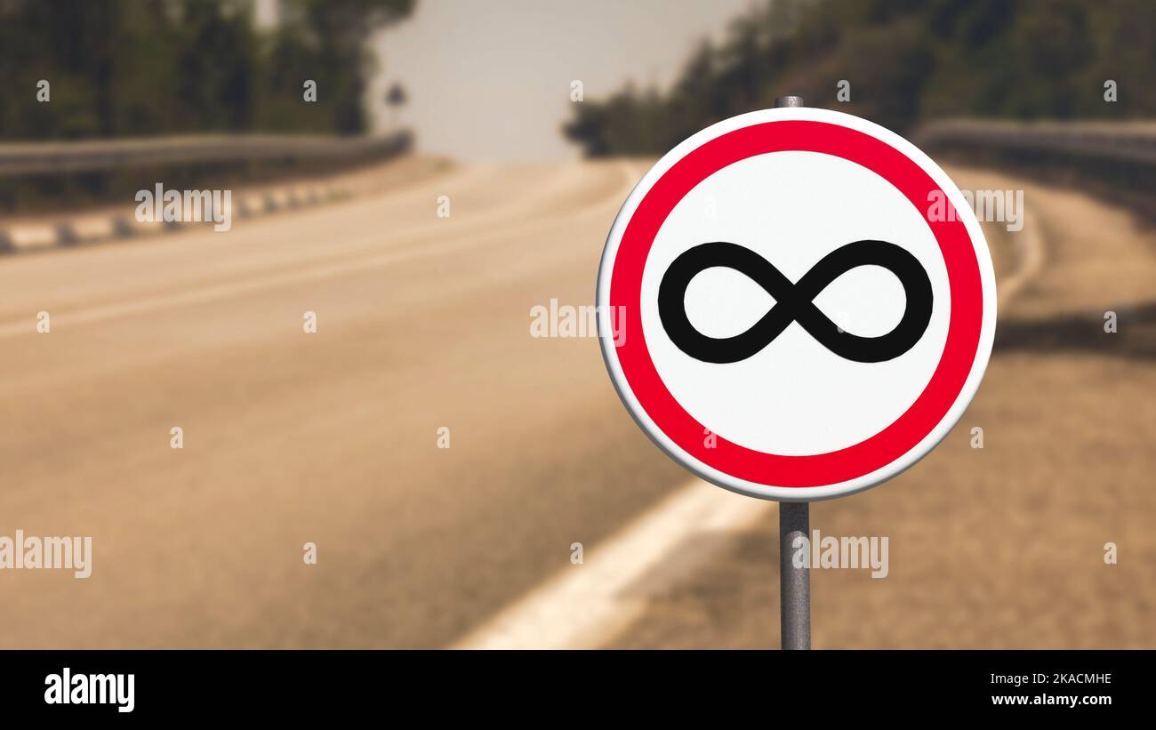 3D rendering - Road sign with infinity symbol on highway background ...