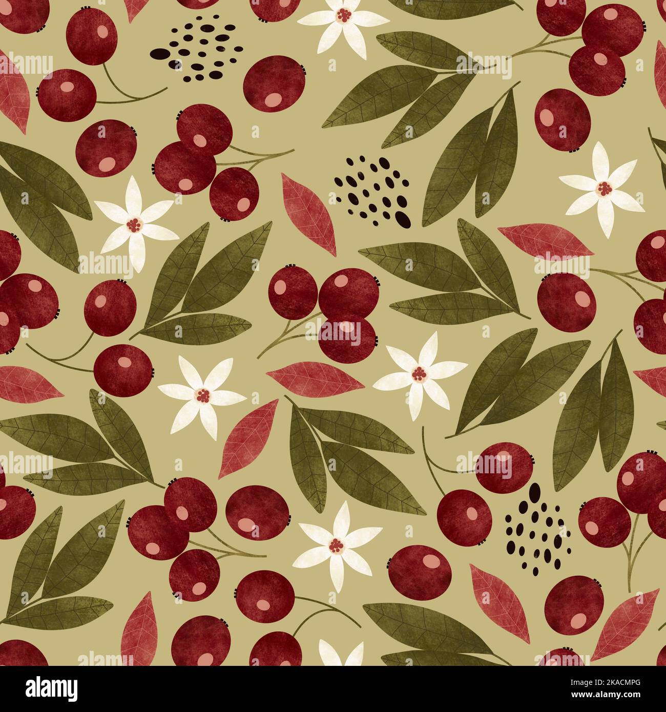 Red Berry With Leaves and White Flowers Cut Out Textured Illustration ...