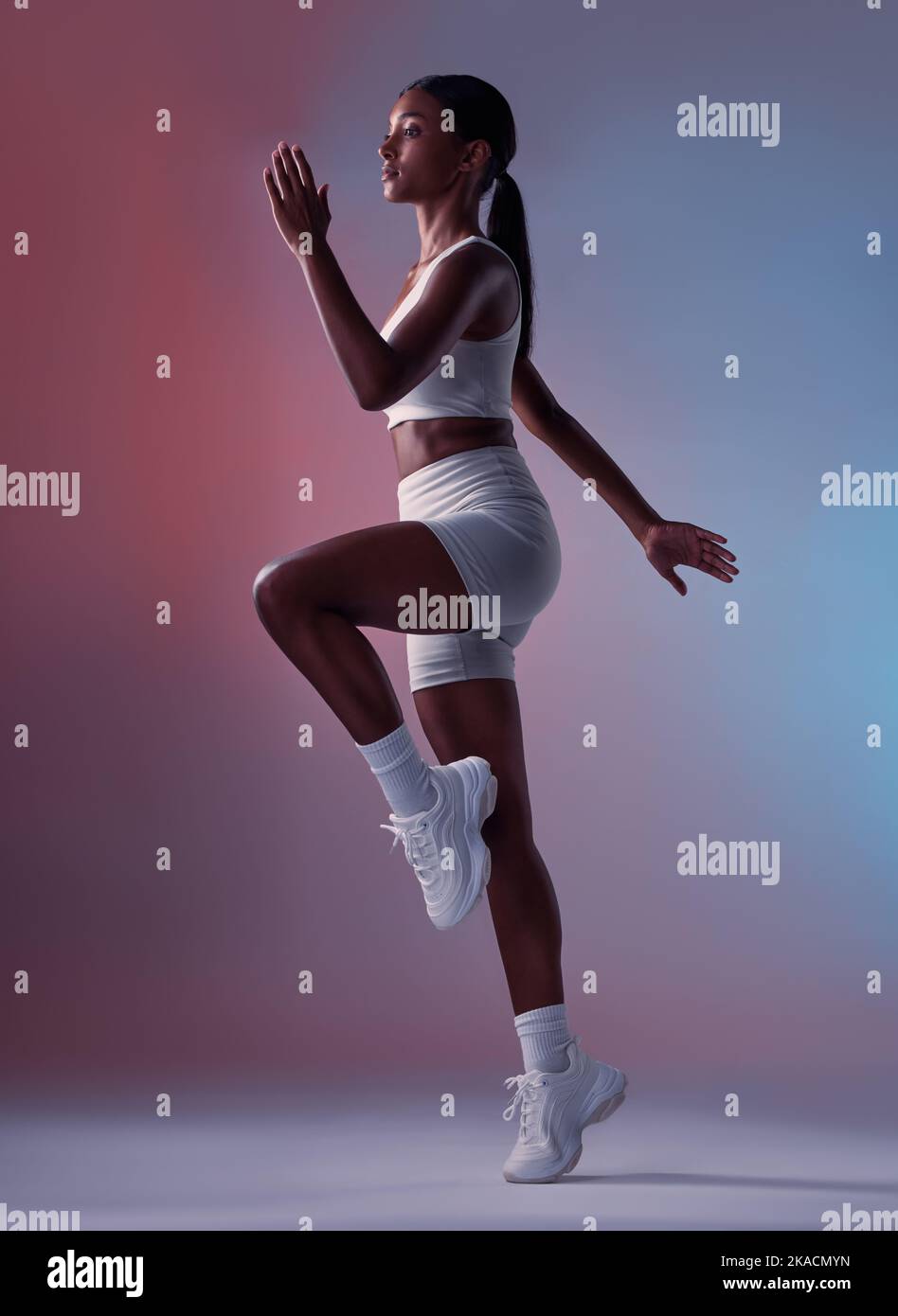 Runner, fitness and girl in studio running, cardio training or doing ...