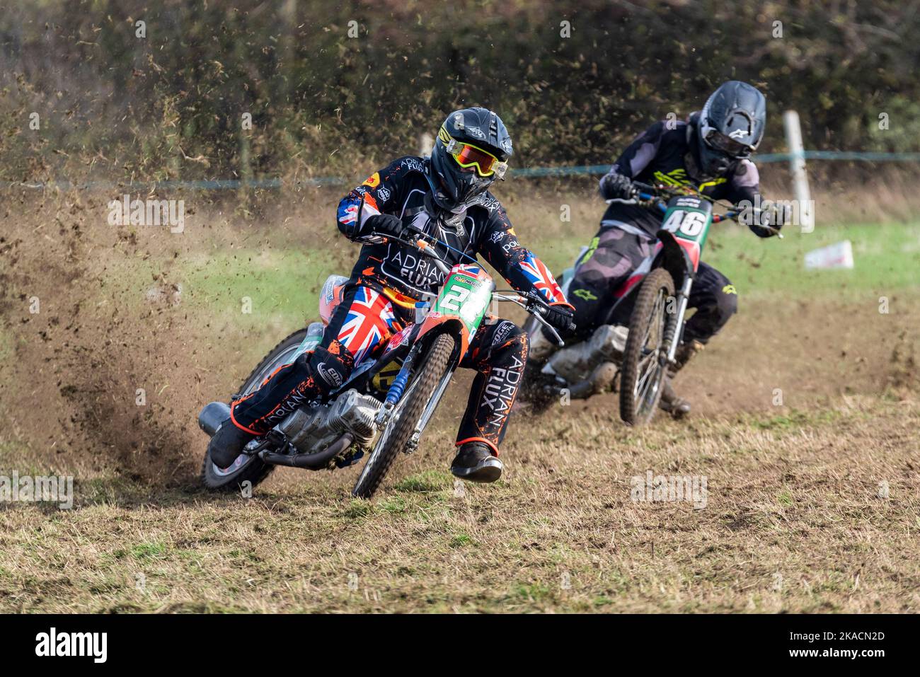 Kenzie Cossey racing in grasstrack motorcycle race. Donut Meeting event ...
