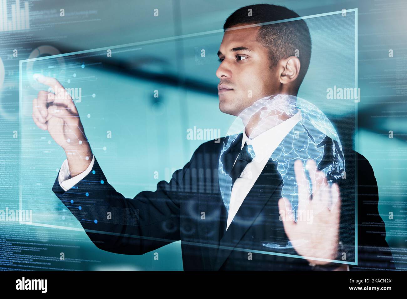 Cloud computing, hologram network AI or businessman with futuristic ...