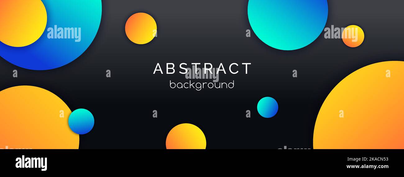 Abstract long vector banner with colorful gradient circles. Dark ...