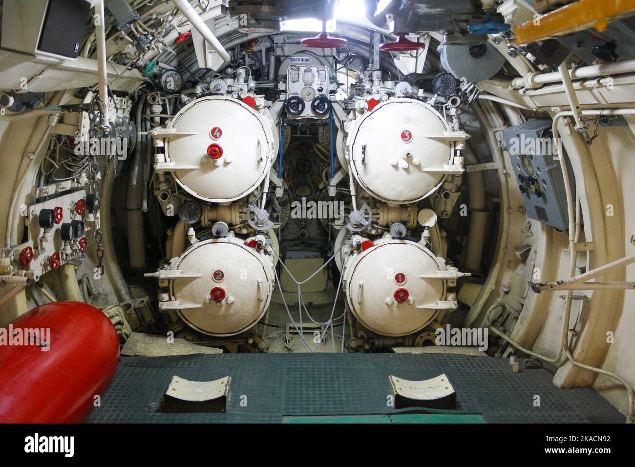 View of torpedo tube launcher in old and retired Russian submarine ...