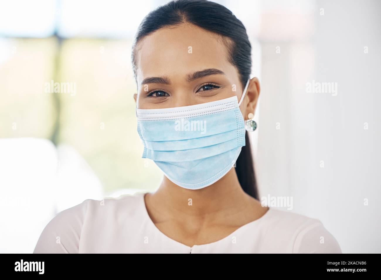 Woman, covid and mask, health and safety portrait, follow healthcare ...