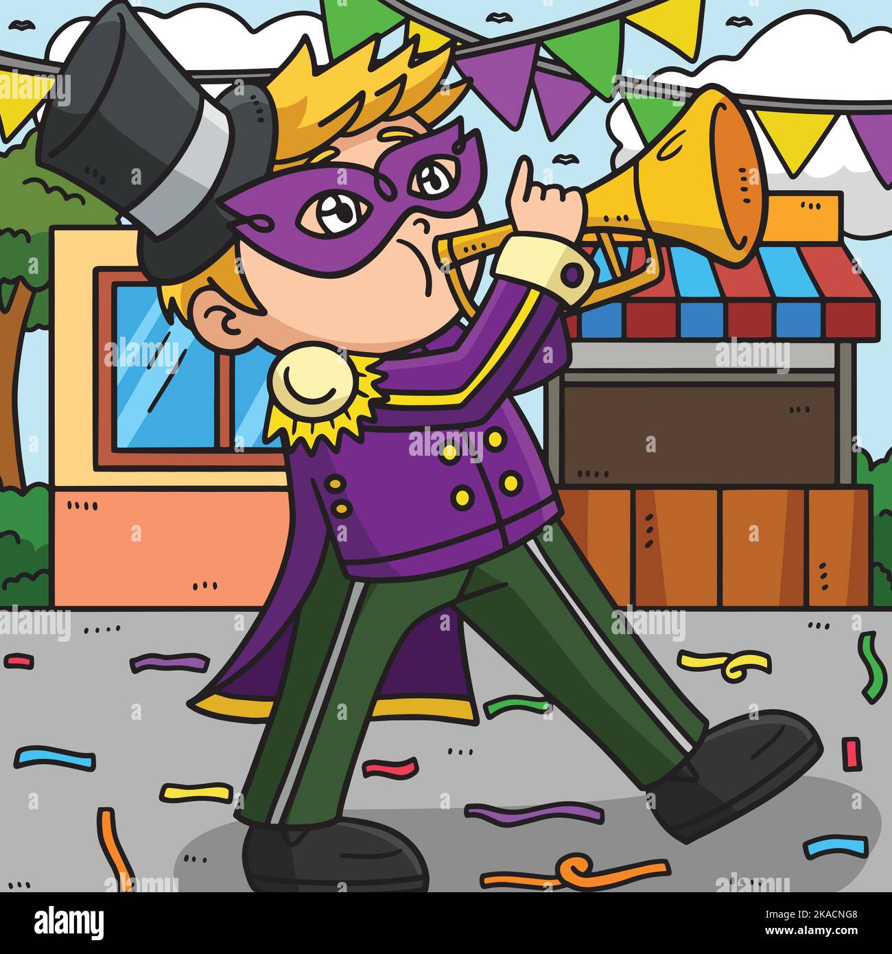 Mardi Gras Boy Playing Trumpet Colored Cartoon Stock Vector Image & Art ...