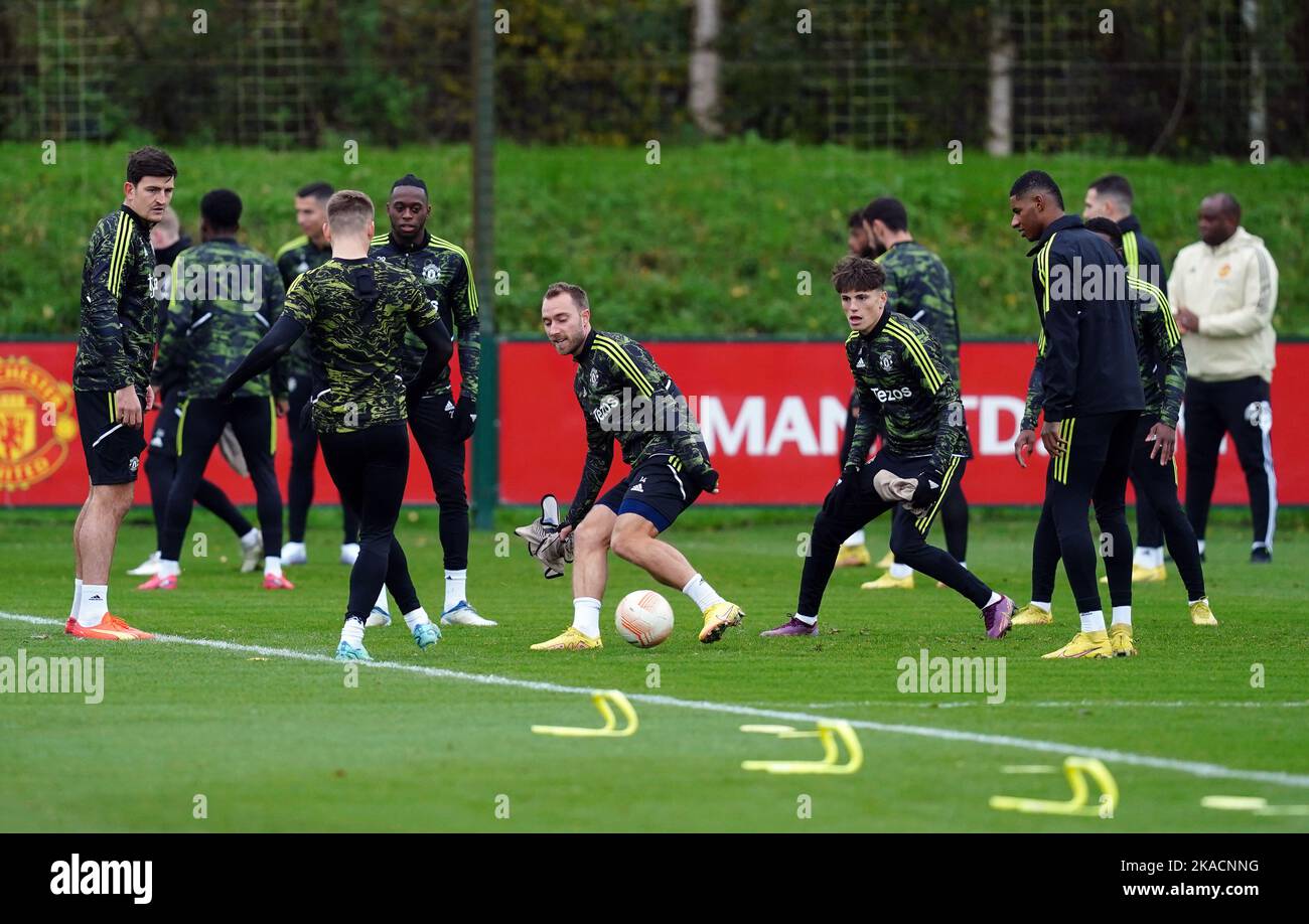 Manchester United's Christian Eriksen (centre) during a training ...