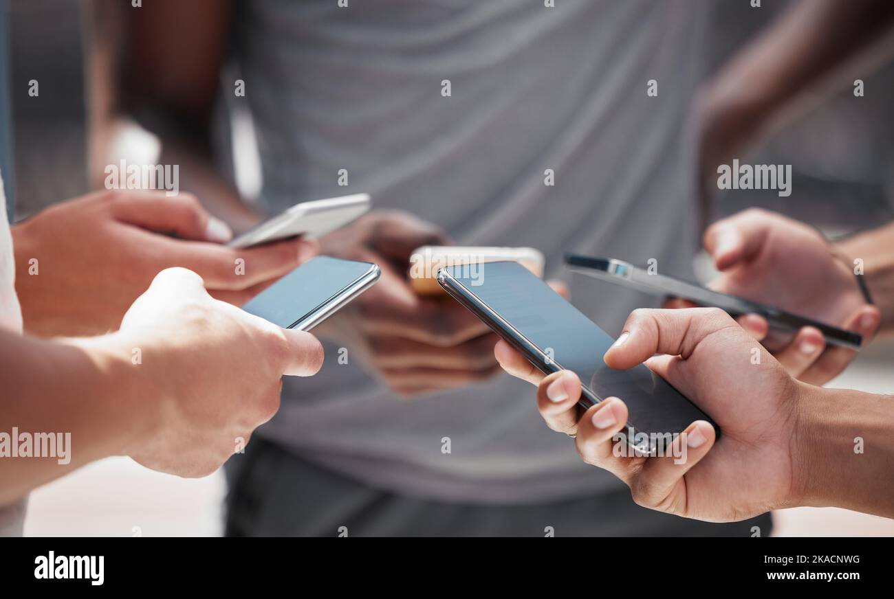 Smartphone in hand, friends group and internet sharing or social media ...