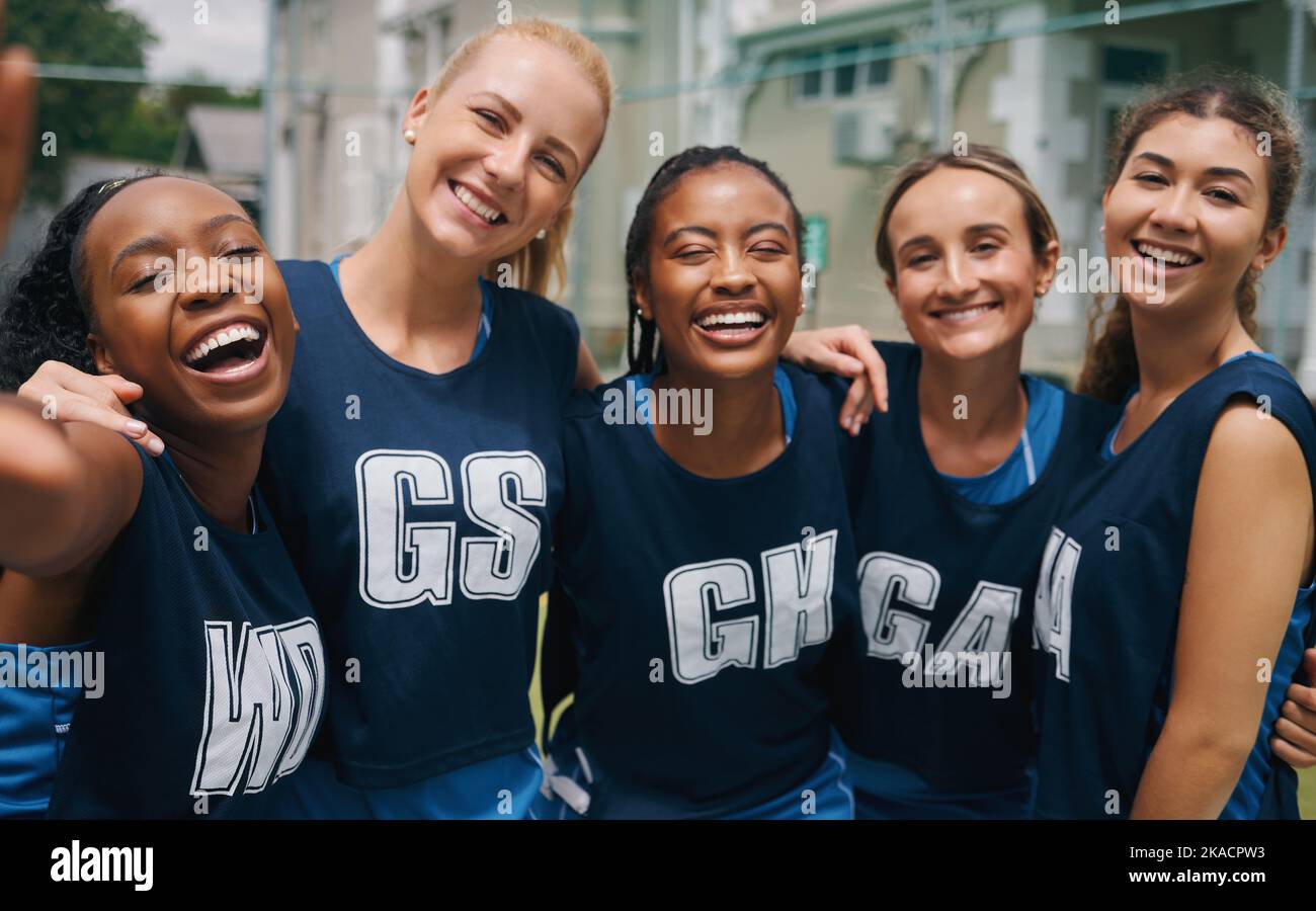 Netball huddle portrait, girl team smile and together for training ...