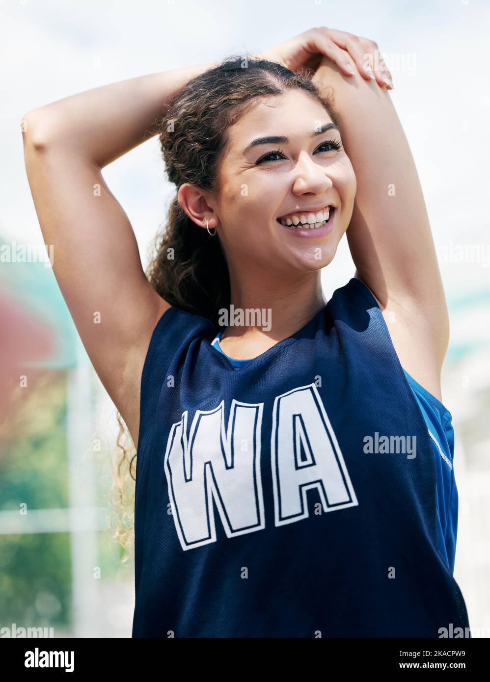 Woman, fitness and stretching arm for exercise, game and workout or ...