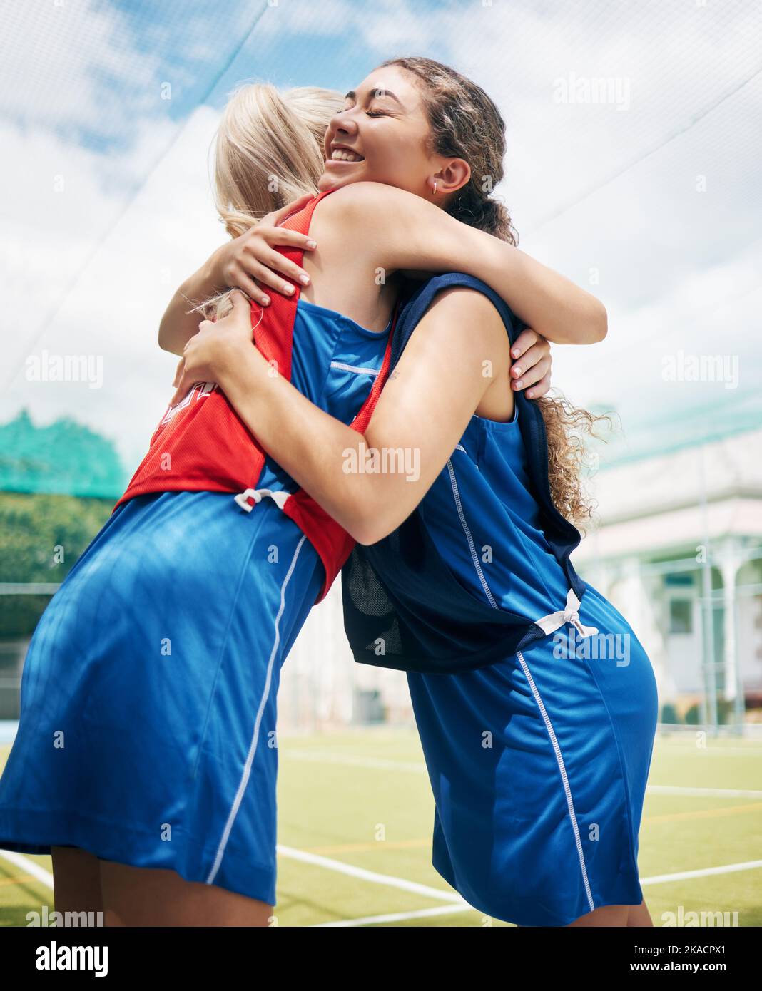 Women, hug or support for fitness game, exercise match or workout ...