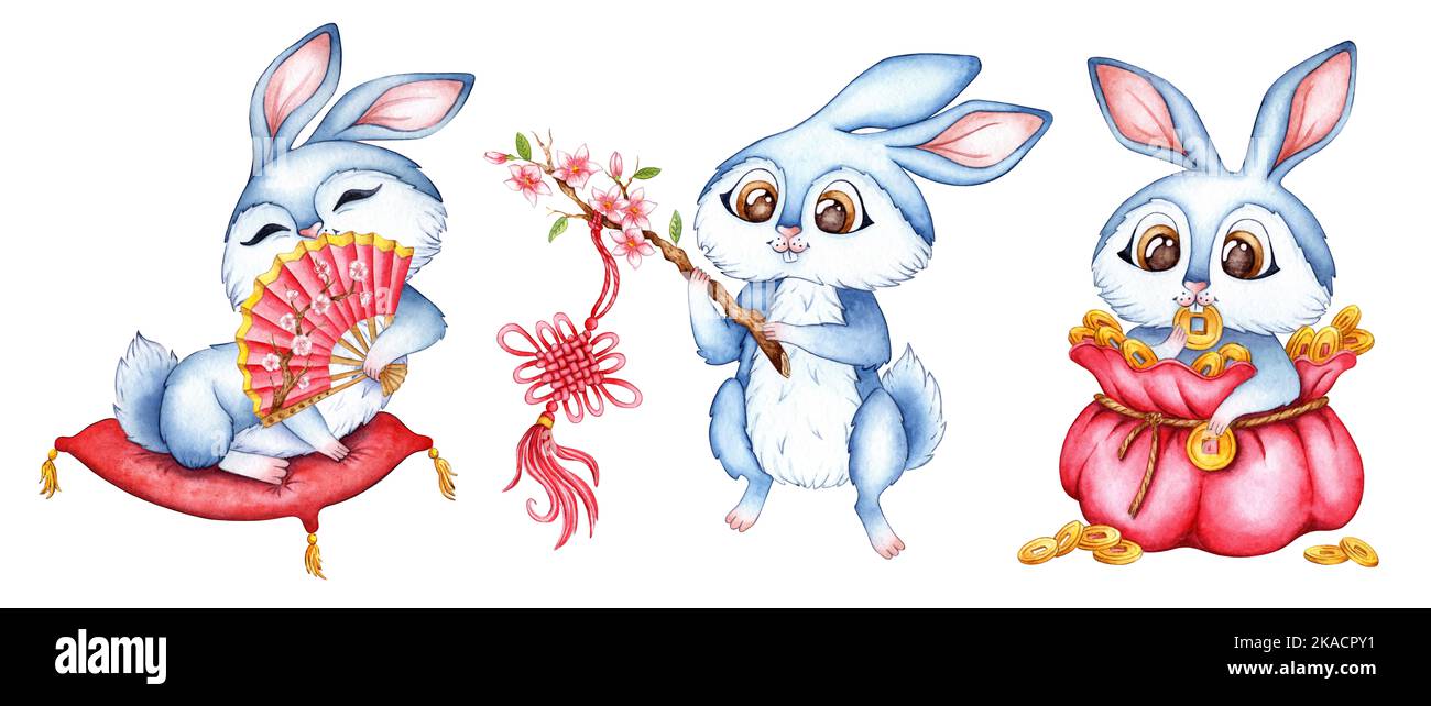 A set of watercolor illustrations of blue rabbits with a fan, with a ...