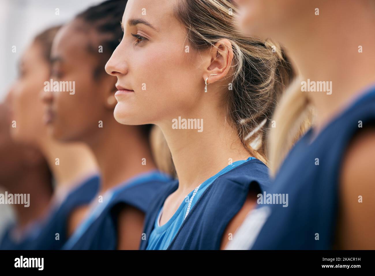 Woman basketball, line before match and diversity team for fitness ...