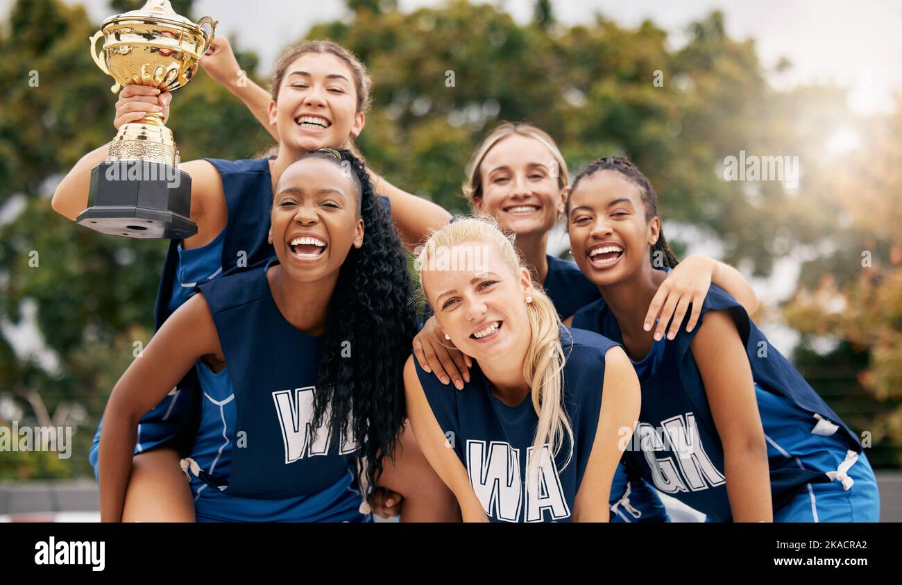 Netball game, team sports and trophy winner in sport competition on ...
