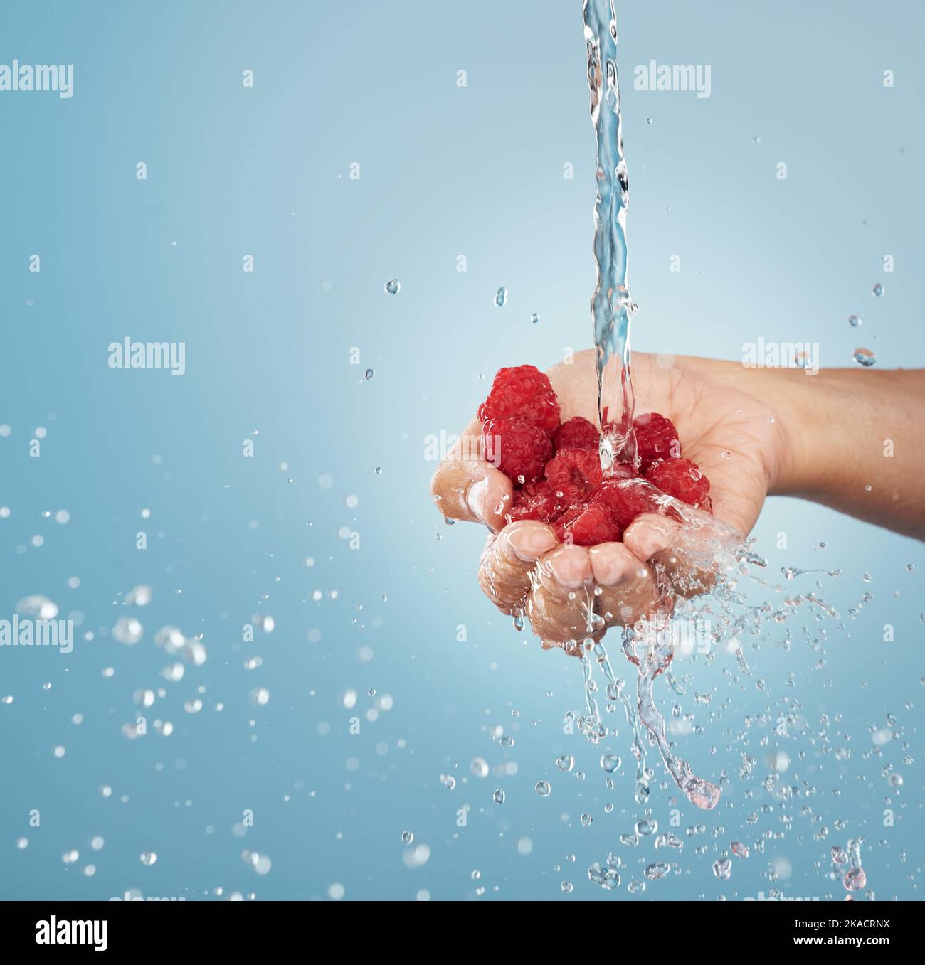 Hands with raspberry, water splash and studio mockup on blue background ...