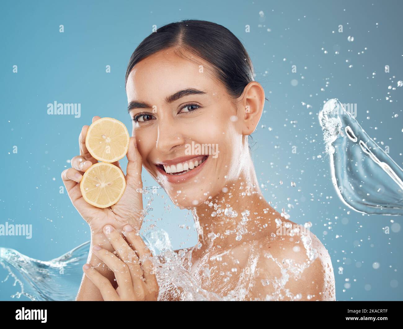 Lemon skincare, woman and water splash for vitamin c, natural cosmetics ...