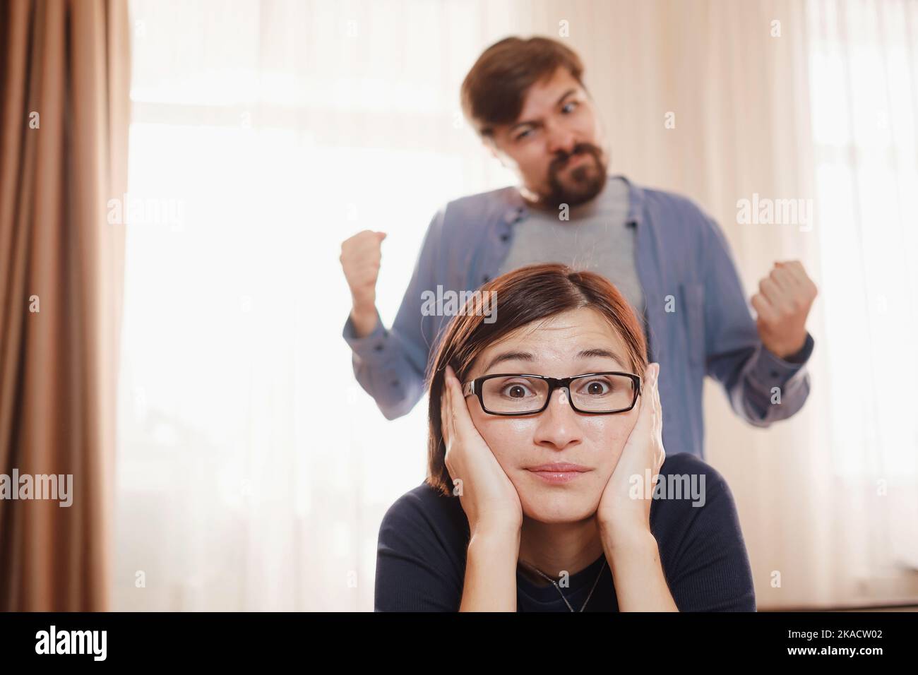 Portrait of attractive mad furious coworkers having fight crisis ...
