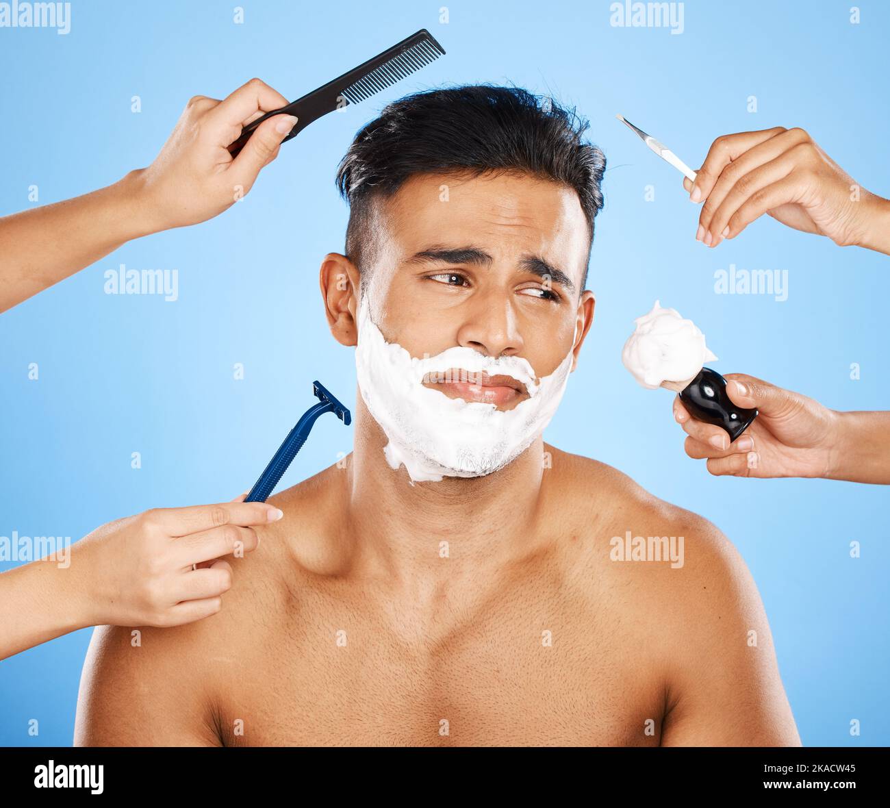 Studio makeover, unhappy man and beauty by hands of professional ...