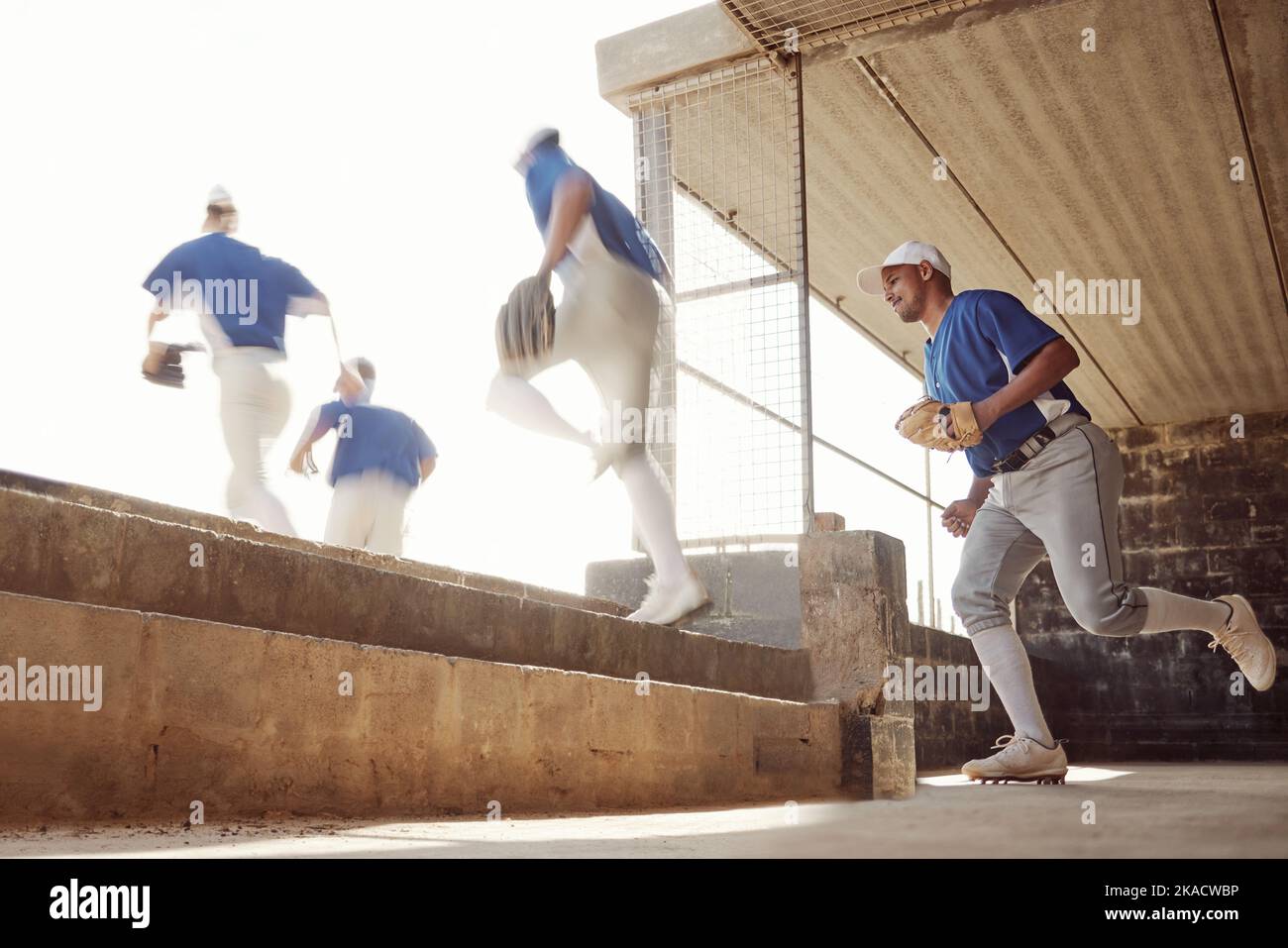 Baseball, sports and team running at a game for celebration, success ...